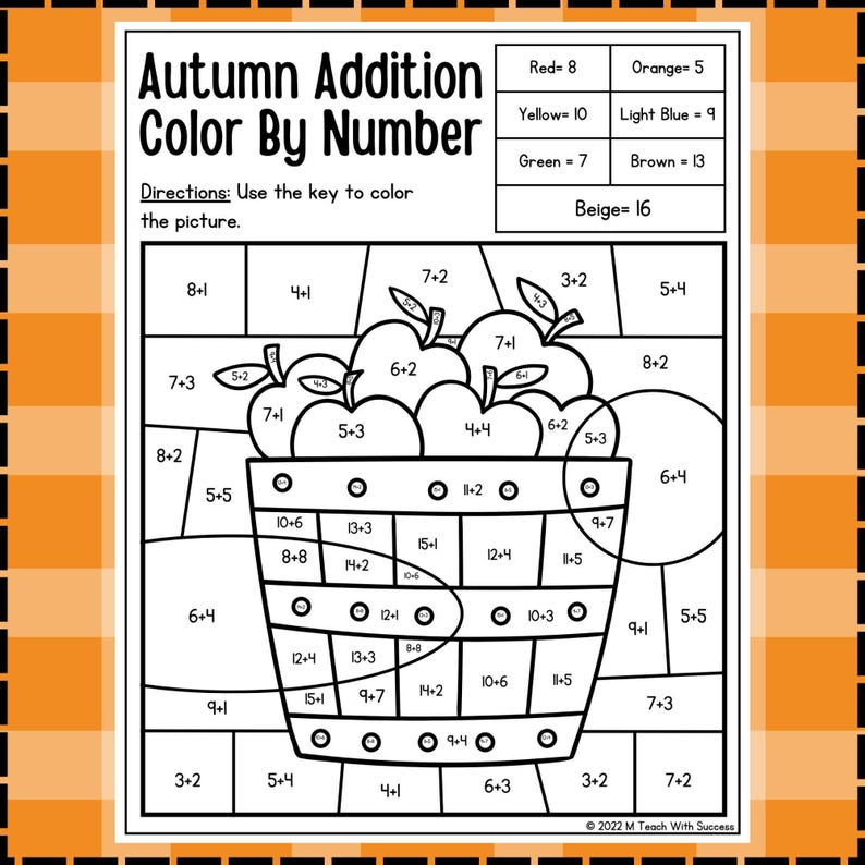 Fall Math Coloring Sheets Activities Autumn Math Color by Number ...