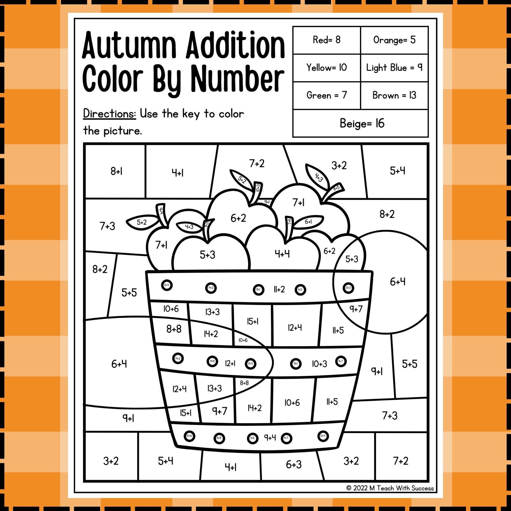 Fall Math Coloring Sheets Activities Autumn Math Color by Number ...