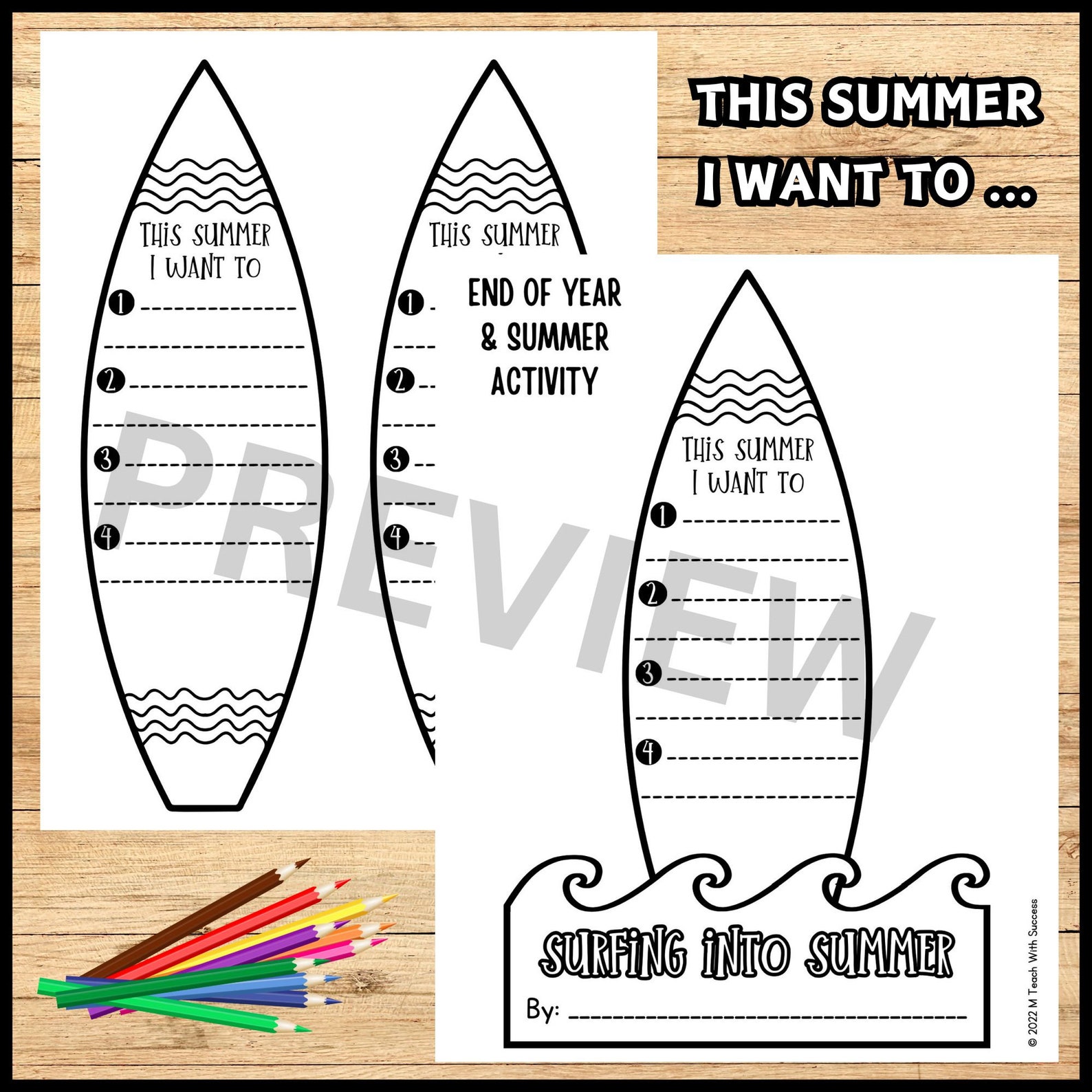 Summer Bucket List Paper Craft and Writing, End of Year Surfboard Craft ...