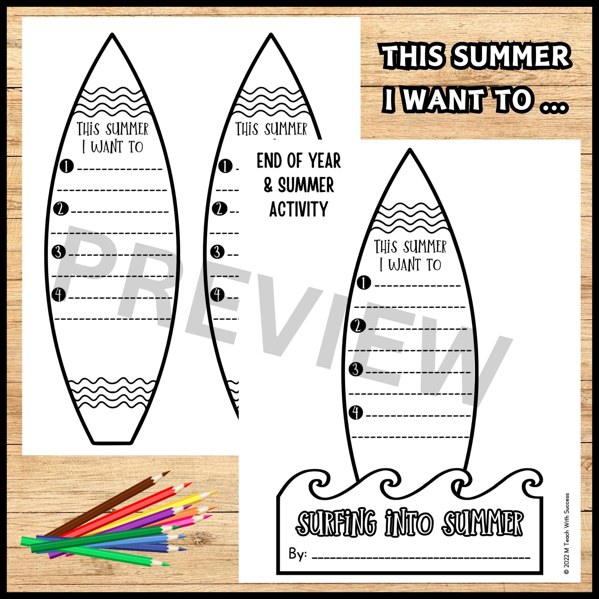 Summer Bucket List Paper Craft and Writing, End of Year Surfboard Craft ...