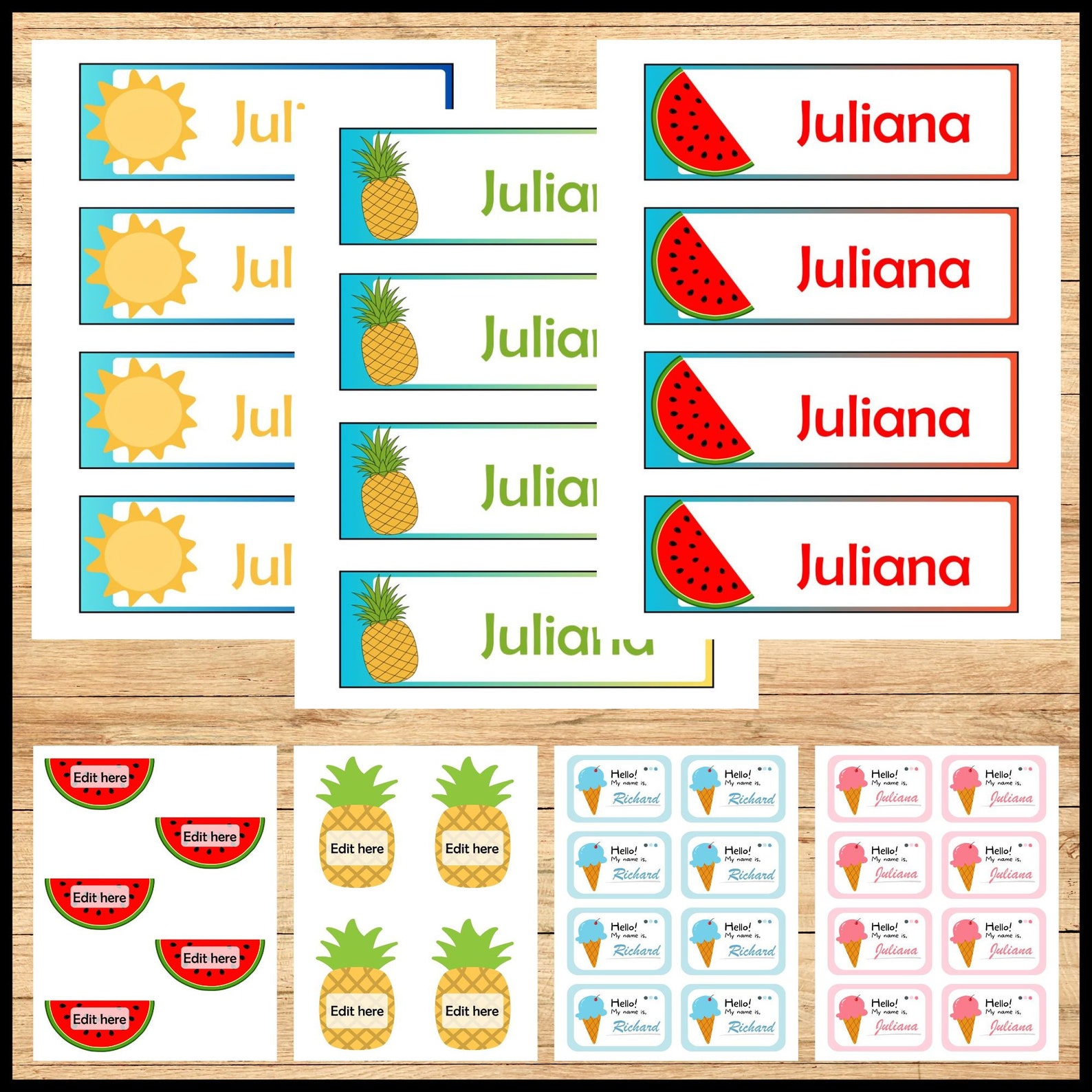 EDITABLE Summer Nametags Printable Labels Watermelon, Ice Cream Name ...