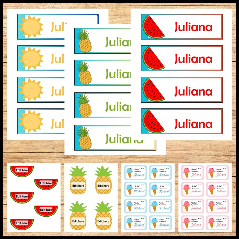 EDITABLE Summer Nametags Printable Labels Watermelon, Ice Cream Name ...