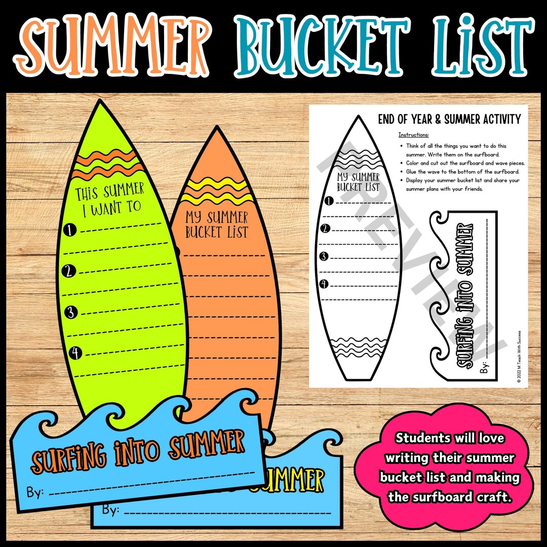 Summer Bucket List Paper Craft and Writing, End of Year Surfboard Craft ...