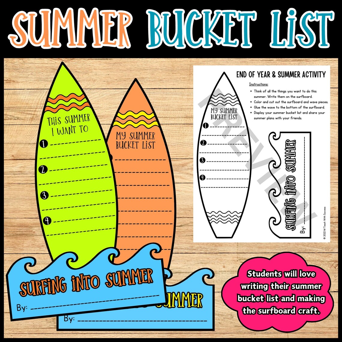 Summer Bucket List Paper Craft and Writing, End of Year Surfboard Craft ...