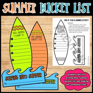Summer Bucket List Paper Craft and Writing, End of Year Surfboard Craft ...