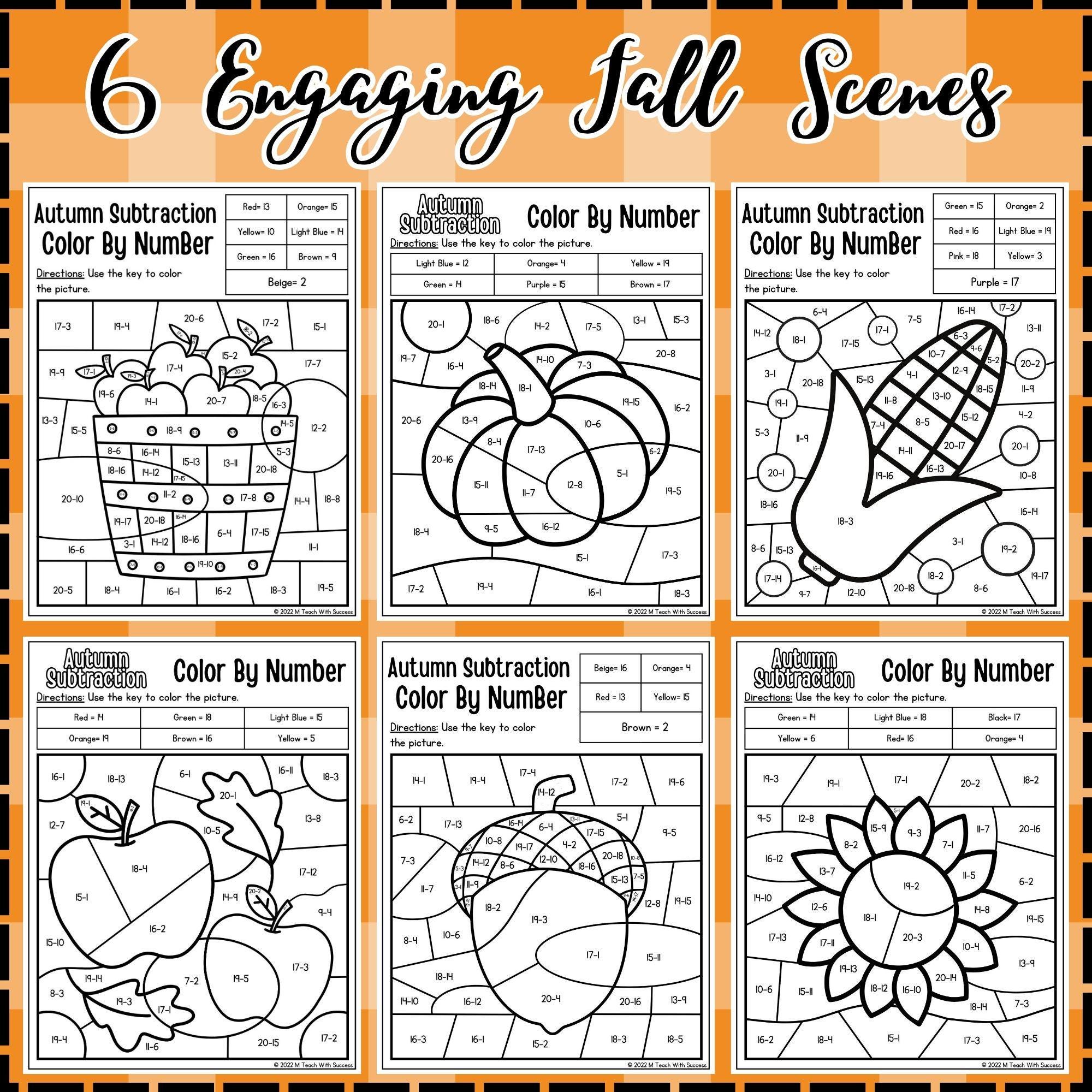 Fall Math Coloring Sheets Activities Autumn Math Color by Number ...