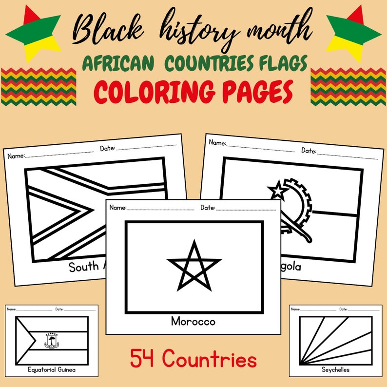 African Countries Flags, Coloring Sheets, Black History Month - Etsy