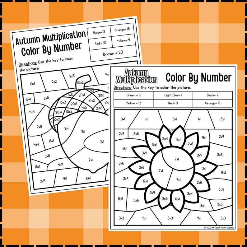 Fall Math Coloring Sheets Activities Autumn Math Color by Number, Multiplication 1-20 - Etsy