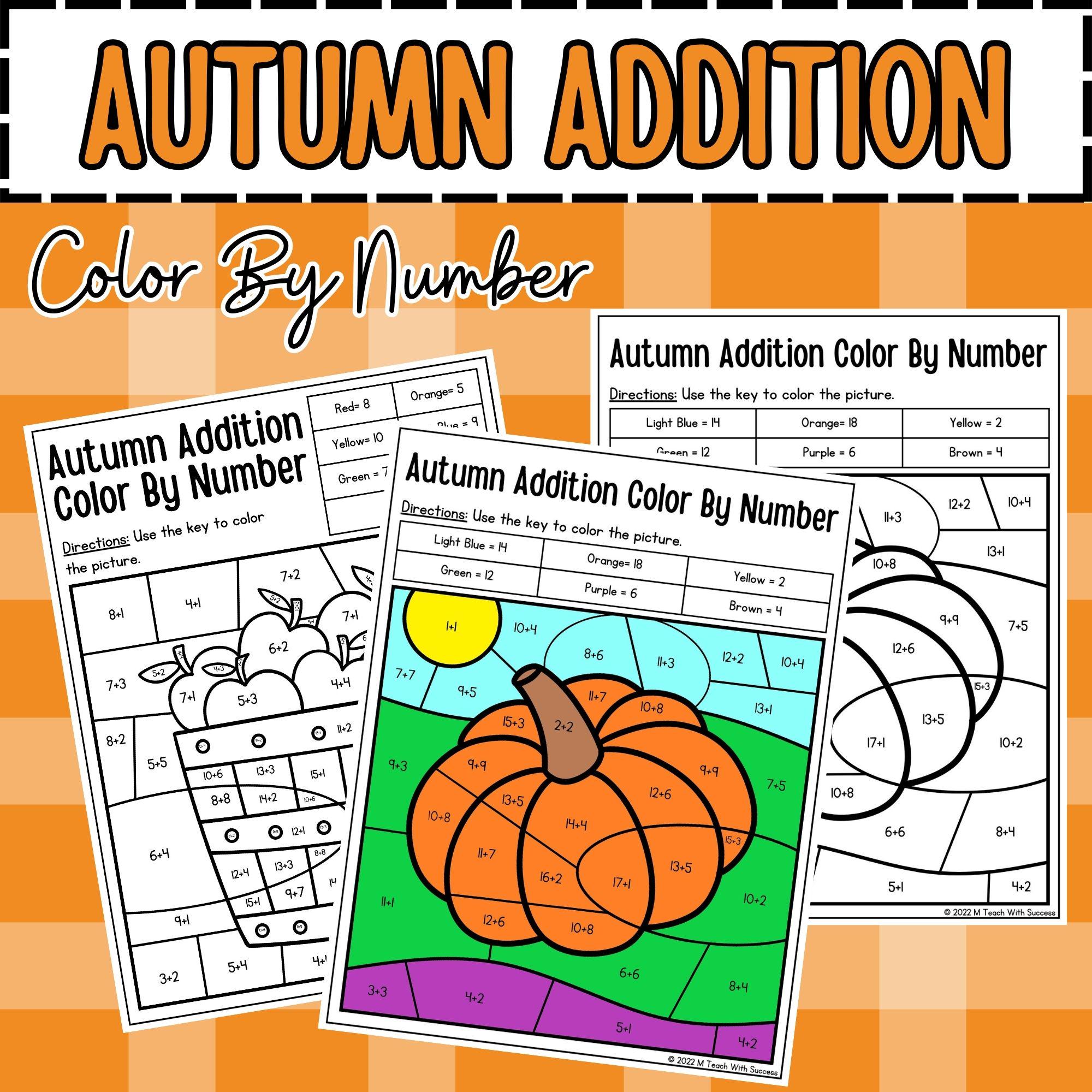 Fall Math Coloring Sheets Activities Autumn Math Color by Number ...