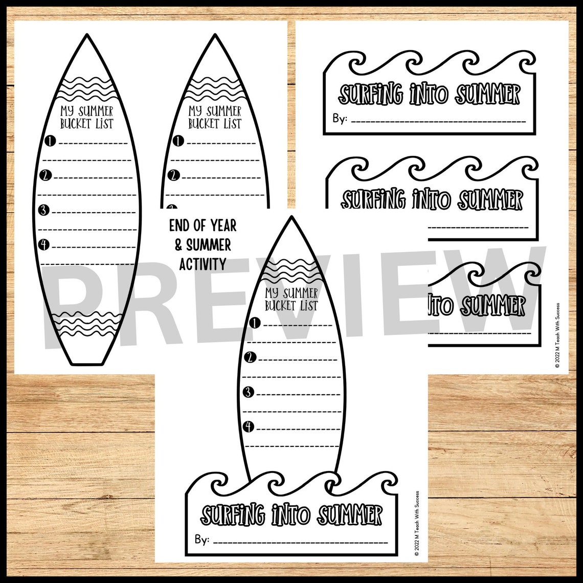 Summer Bucket List Paper Craft and Writing, End of Year Surfboard Craft ...