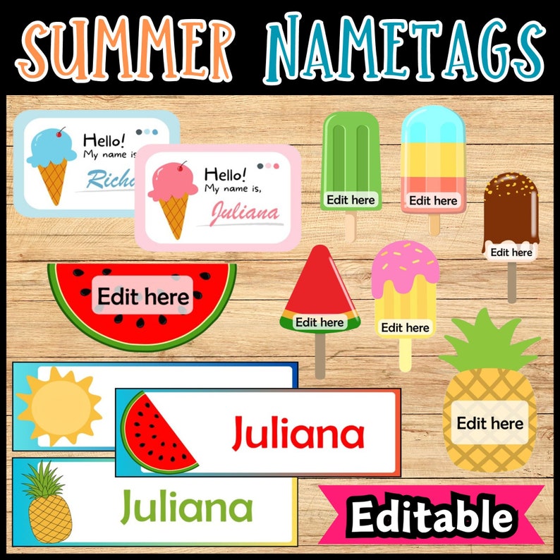 EDITABLE Summer Nametags Printable Labels Watermelon, Ice Cream Name ...