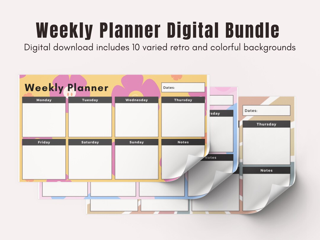 Retro Weekly Calendar Printable Bundle Simple Layout, Instant Download ...