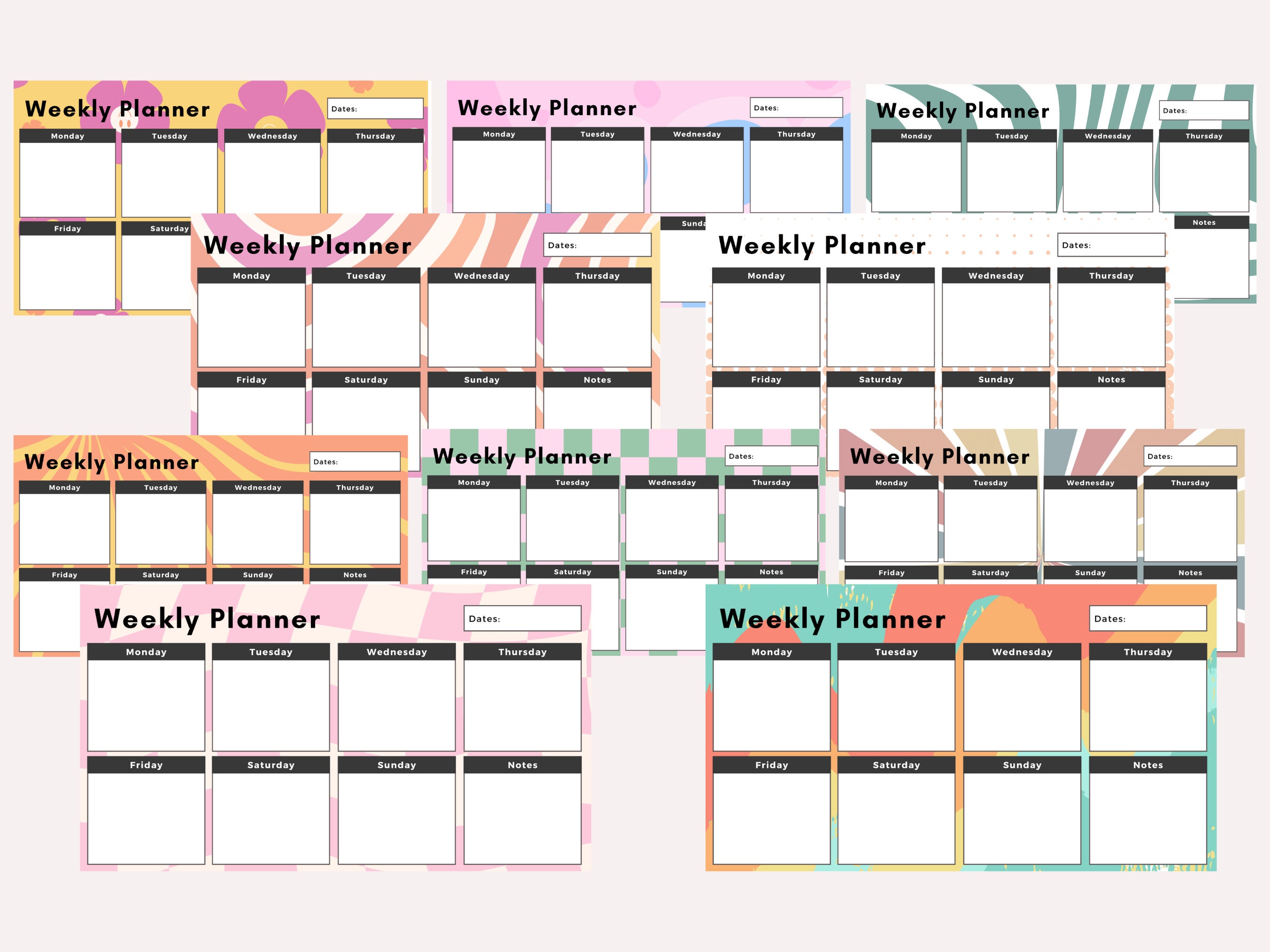 Retro Weekly Calendar Printable Bundle Simple Layout, Instant Download ...