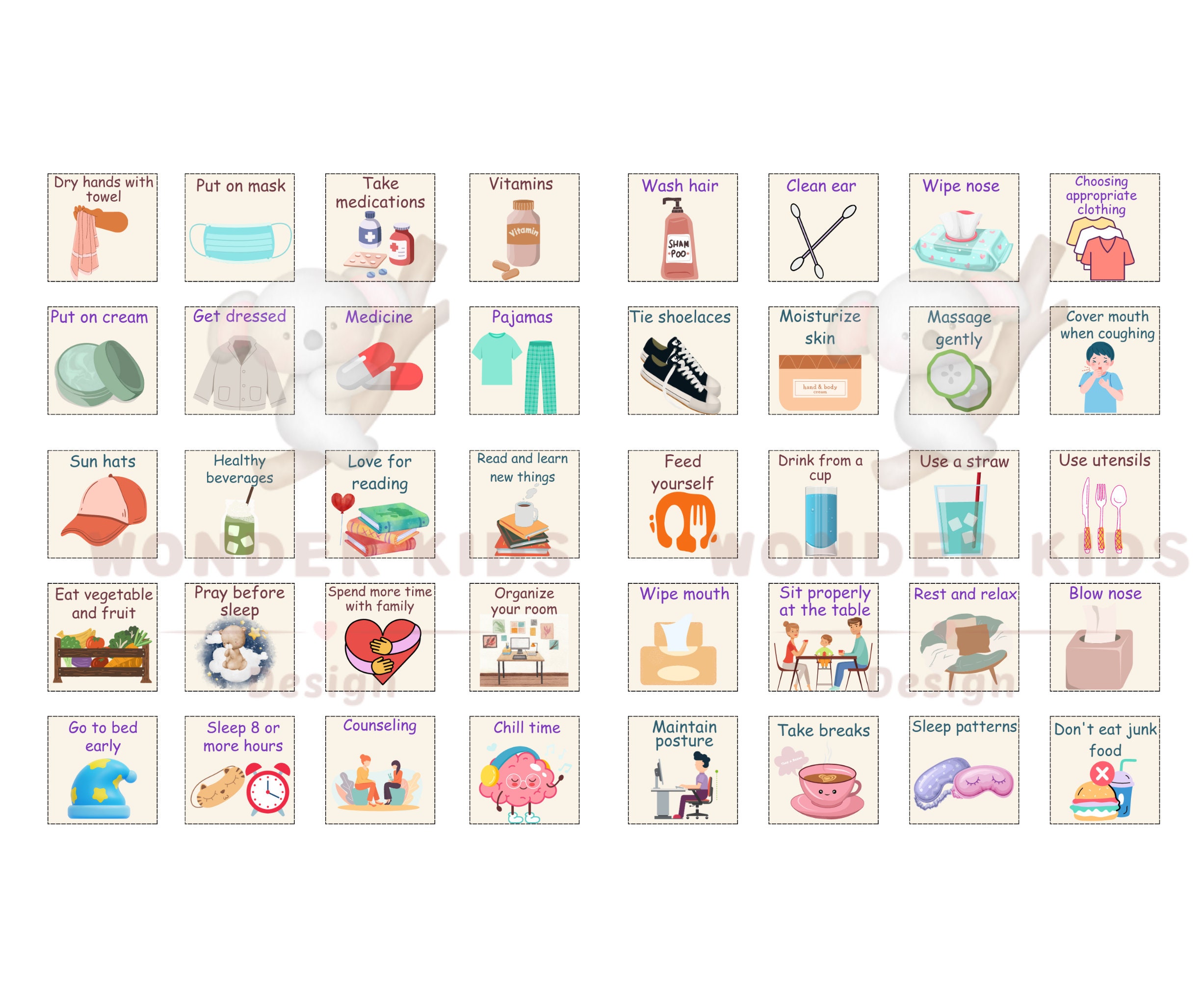 Kids Daily Self Care Cards Printable Daily Routine Visual - Etsy