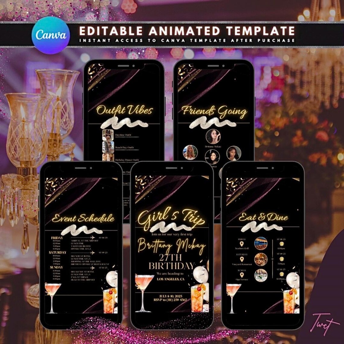Luxe Birthday Trip Video Invitation, Editable Canva Template for Girls ...
