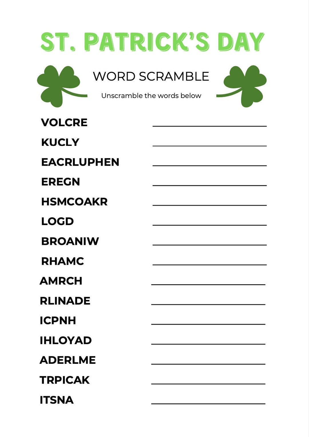 Printable St. Patrick's Day Word Scramble - Etsy