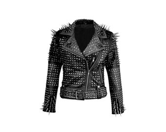 Women's Handmade Long Spiked Leather Jacket Brando Punk Silver Fully ...