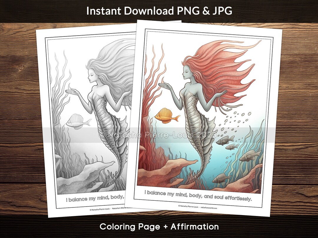 Mermaid Coloring Page for Adults and Kids, Grayscale Inspirational ...