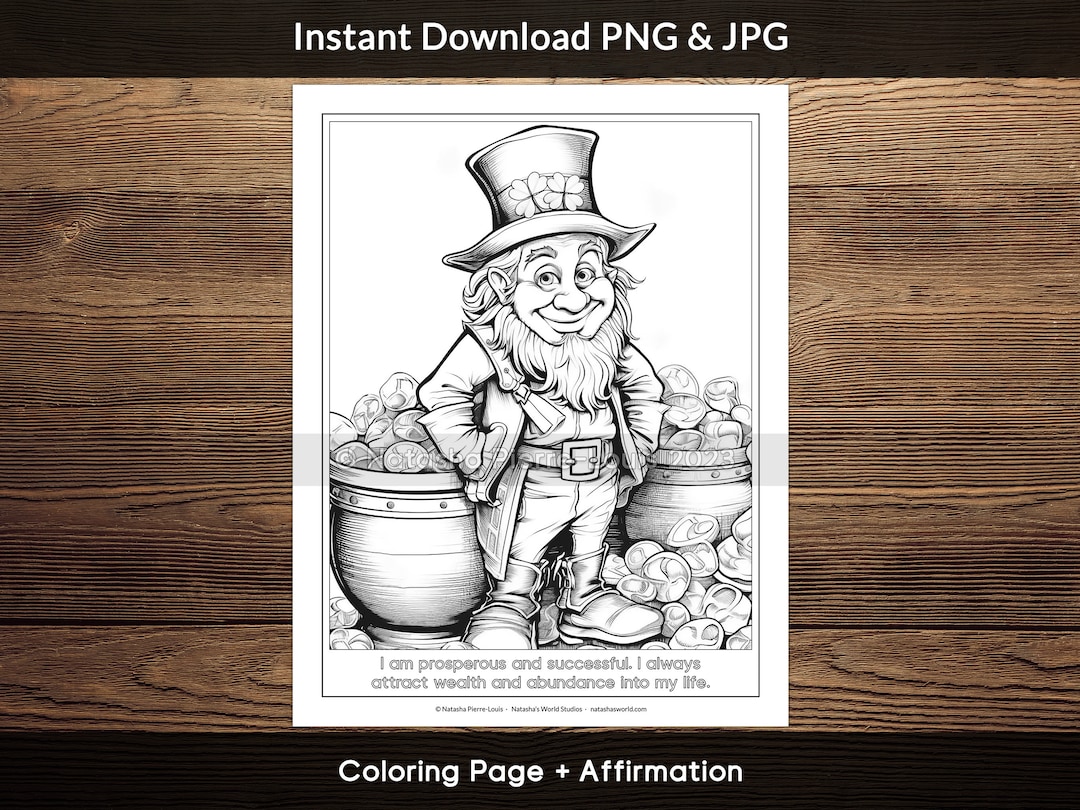 Leprechaun Abundance Coloring Page for Adults and Kids, Grayscale ...