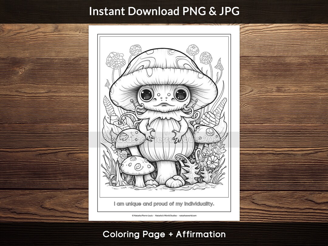 Mushroom Creature Coloring Page for Adults and Kids, Grayscale ...