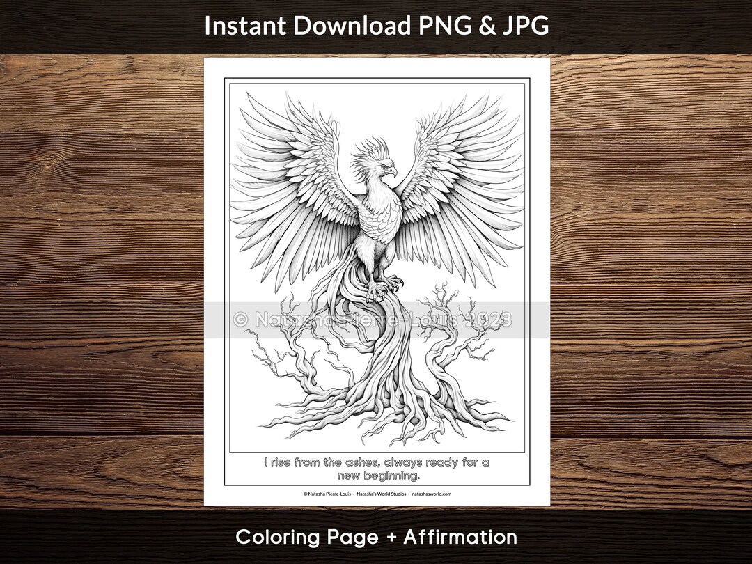 Phoenix Coloring Page for Adults and Kids, Grayscale Inspirational ...