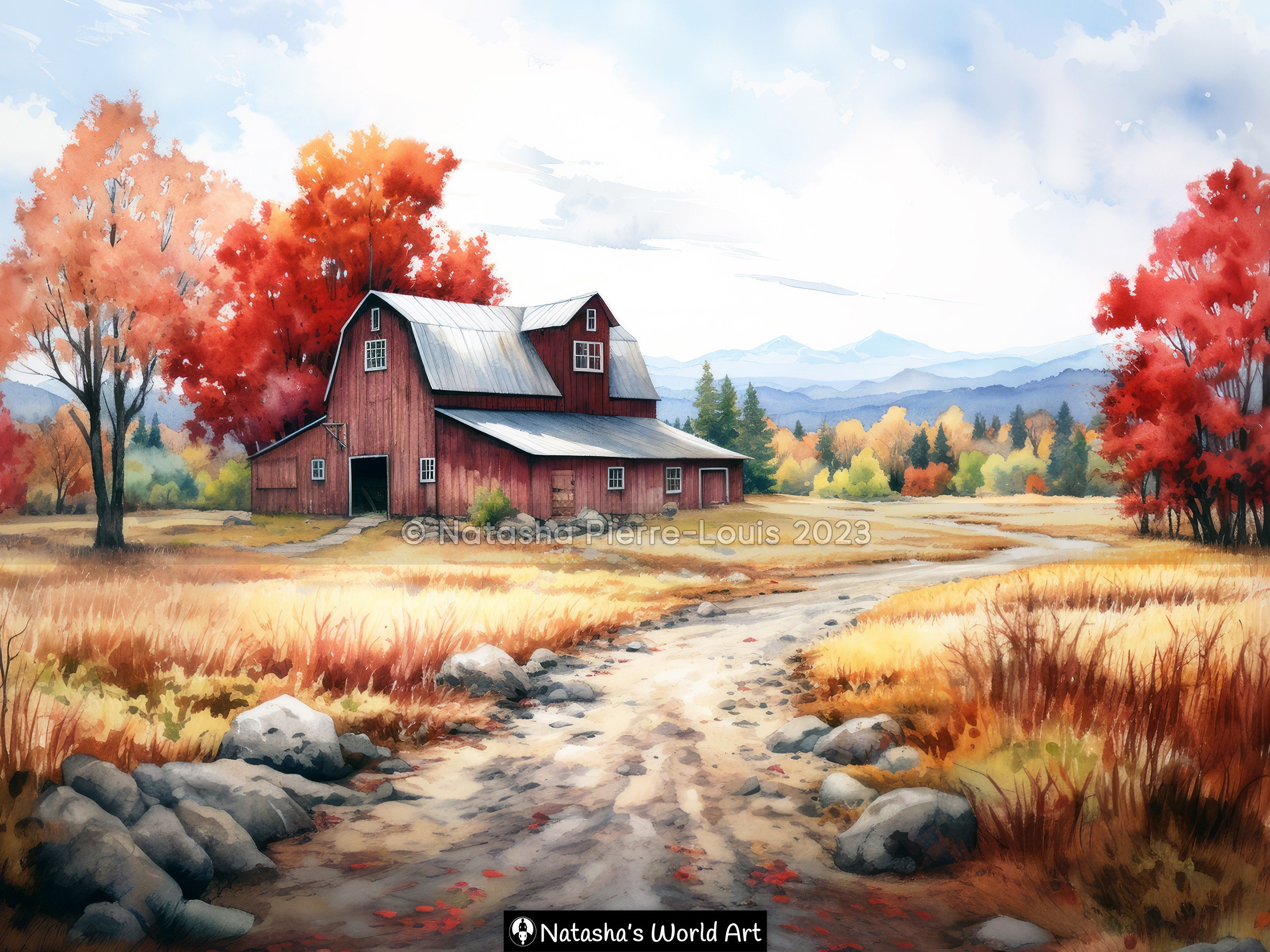 Printable Red Barn Digital Download, Autumn Landscape Wall Art , Moody ...