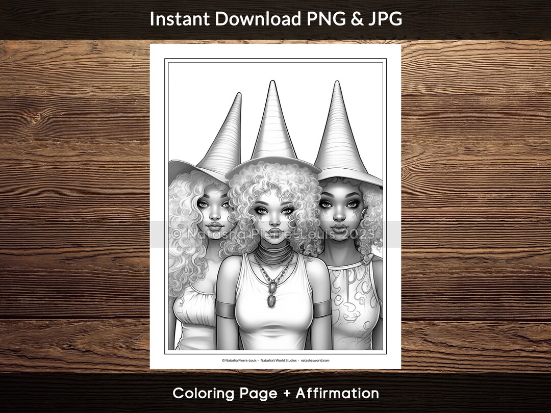 Sister Witches Coloring Page for Adults and Kids, Grayscale Printable ...