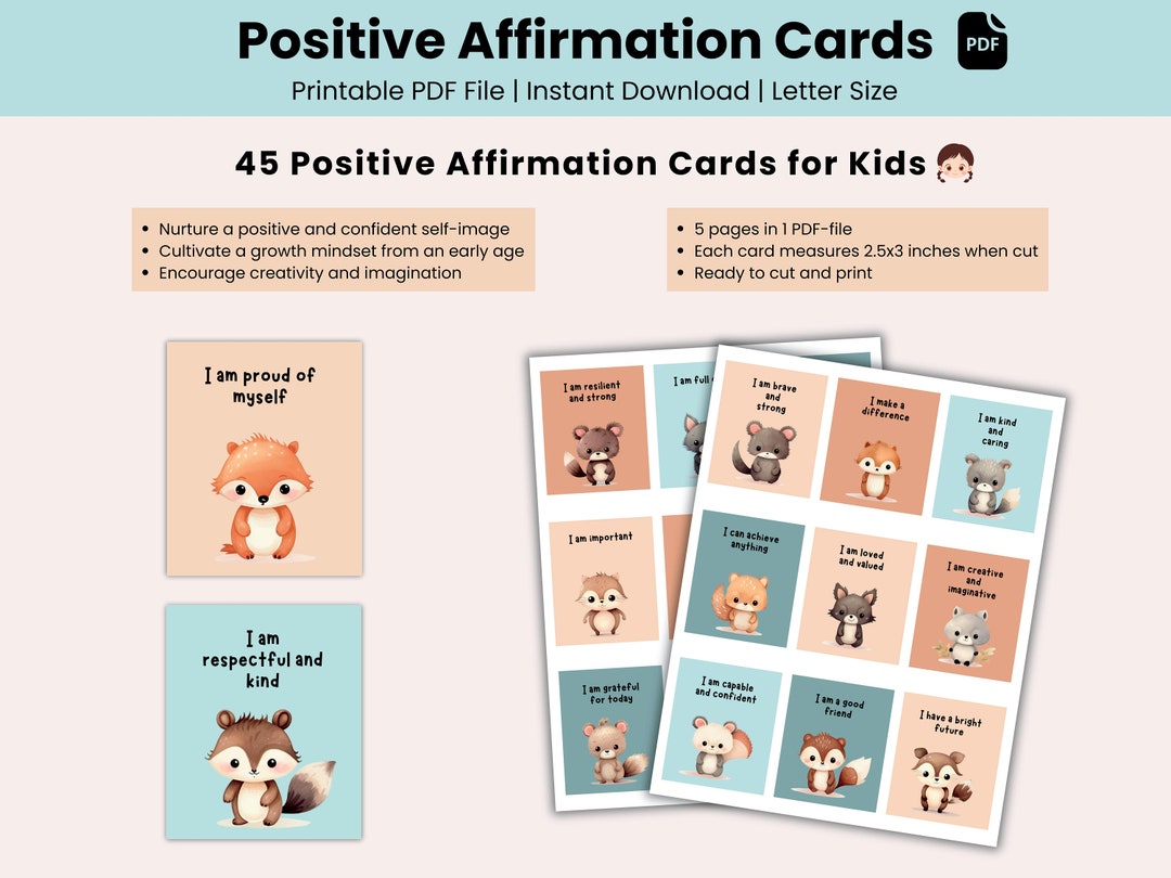 45 Printable Positive Affirmation Cards for Kids Empowering - Etsy