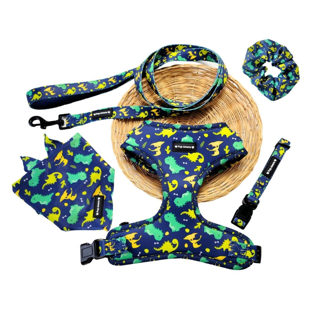 Dinosaur Dog Harness Set, Collar, Leash, Bandana, Scrunchie - Etsy