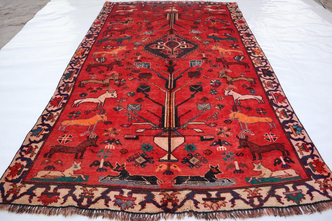 Antique Pictorial Rug, 5x8 Handmade Wool Rug, Turkmen Tribal Rug, Low ...