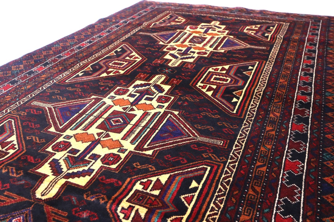4x6 Antique Balochi Rug, Afghan Handmade Wool Rug, Turkmen Geometric ...