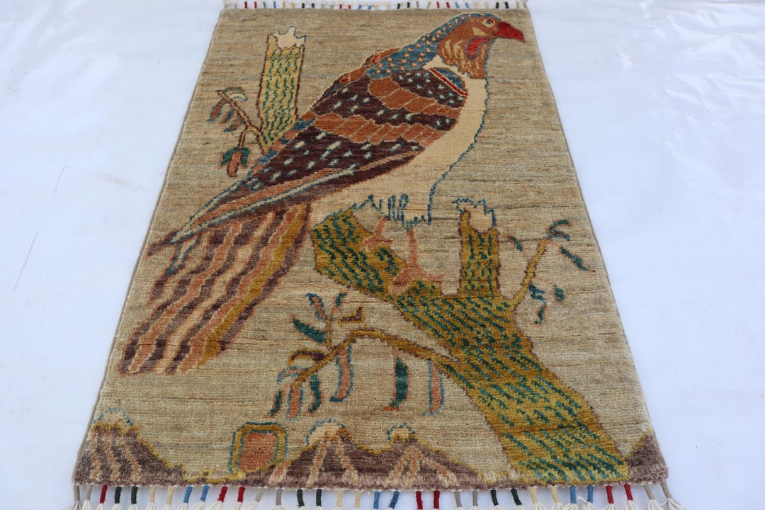Pictorial Parrot Rug, 2x3 Handmade Wool Rug, Vegetable Dyes Birds Rug ...