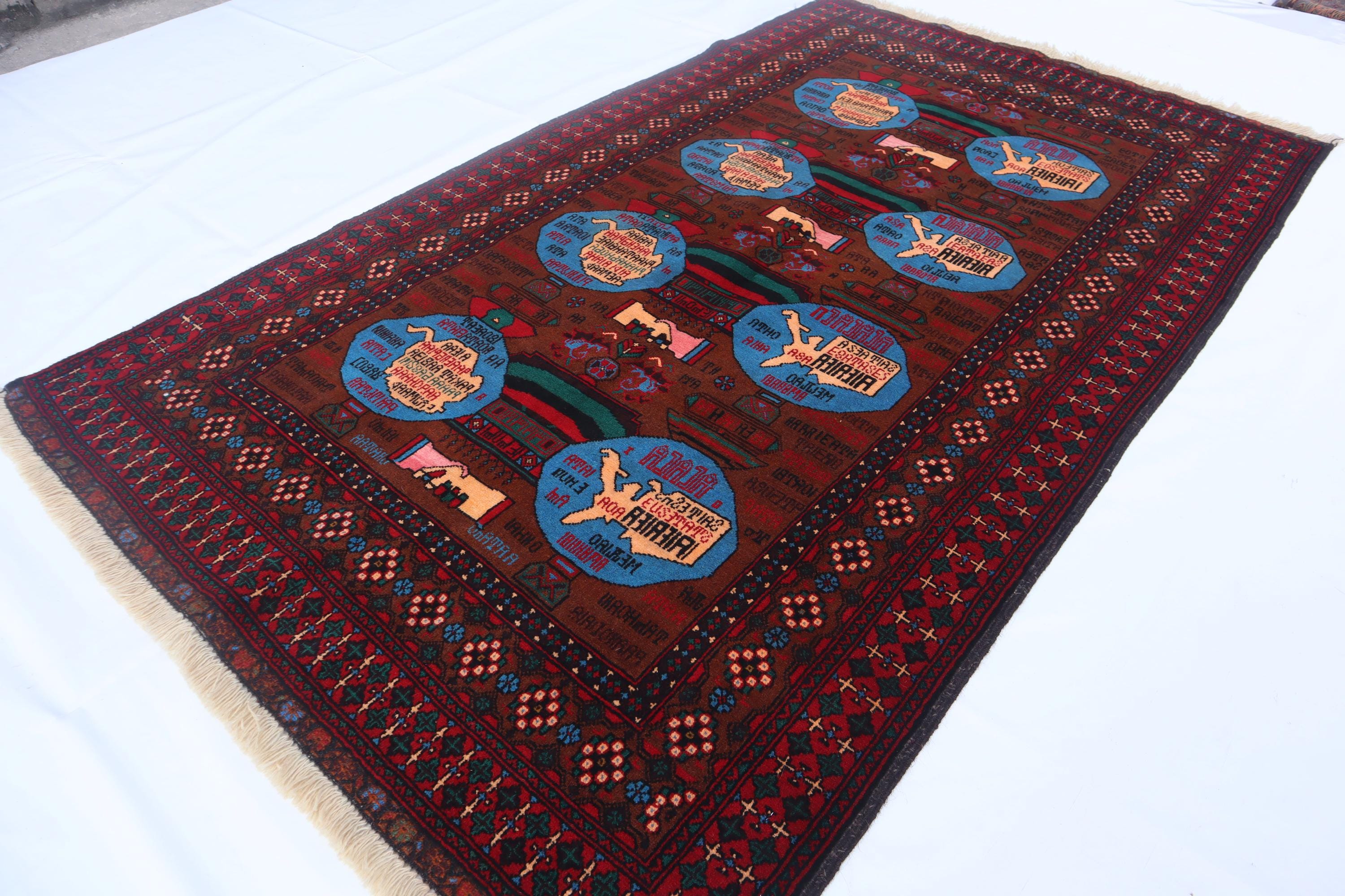 World Map Pictorial Rug, 4x5 Handmade Wool Rug, Afghan Soft Fine ...