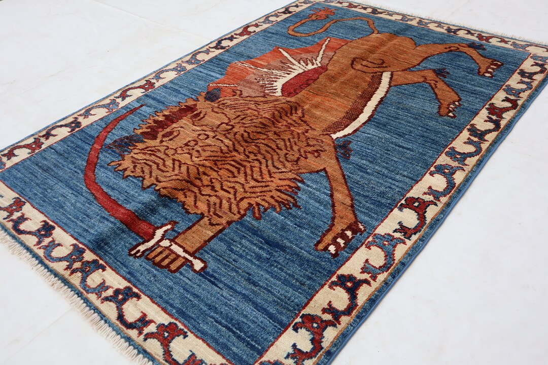Navy Blue Afghan Rug, Handmade Wool Rug, 3x5 Animal Pictorial Rug ...