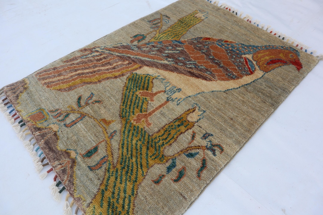 Small Pictorial Rug, 2x3 Handmade Wool Rug, Vegetable Dyes Birds Rug ...