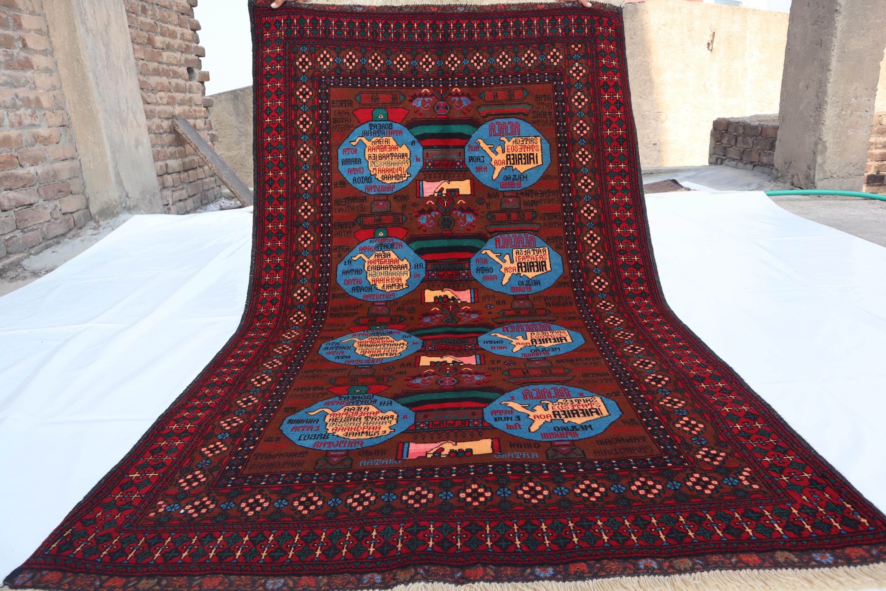 World Map Pictorial Rug, 4x5 Handmade Wool Rug, Afghan Soft Fine ...