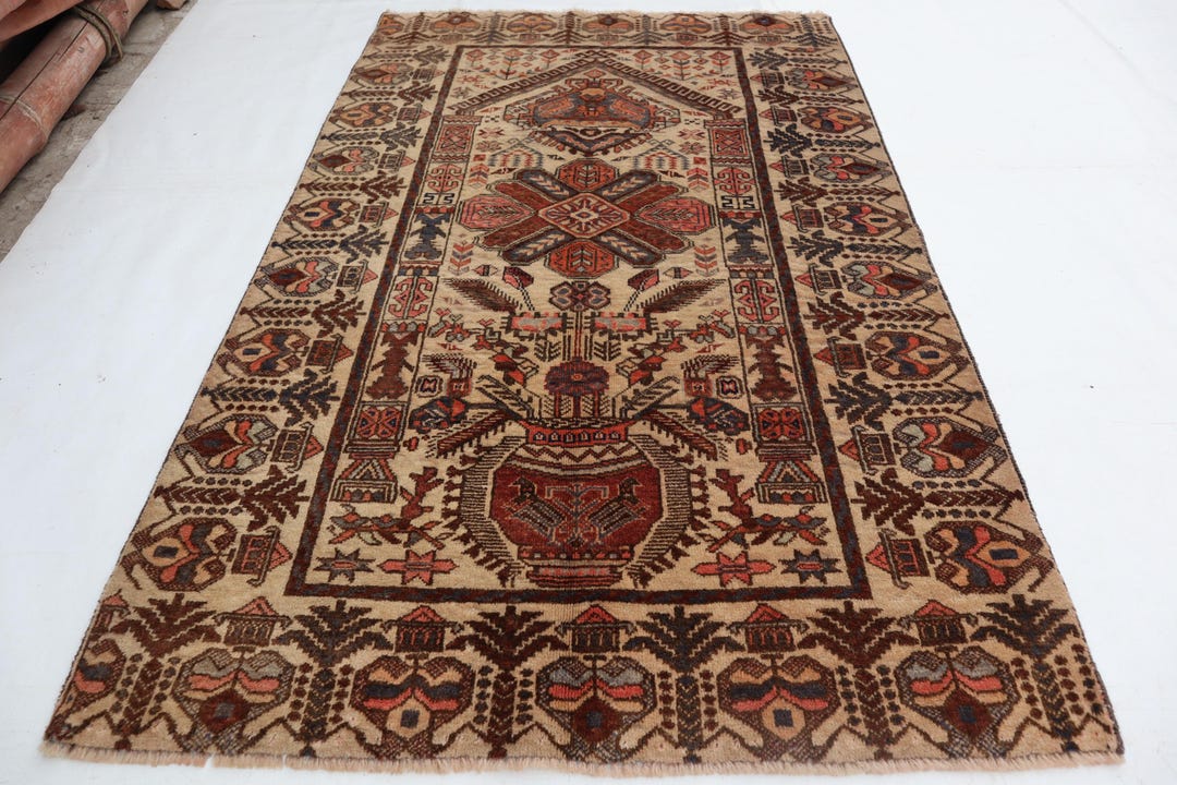 Flower Pot Design Rug, 3x4 Afghan Vintage Rug, Handmade Wool Rug ...