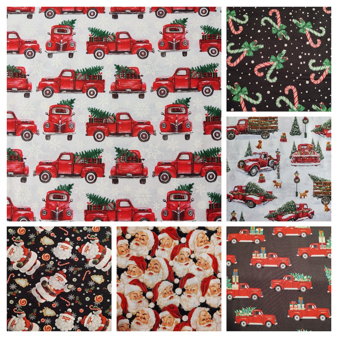 Festive Christmas Fabric. Santa, Snowman, Candy Cane, Red Truck 100% ...