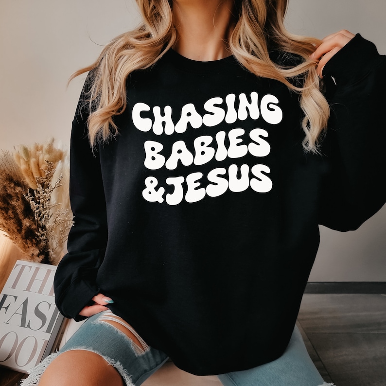 Chasing Babies & Jesus Crewneck Gildan 1800 Christian Mama Tee. New Mom ...