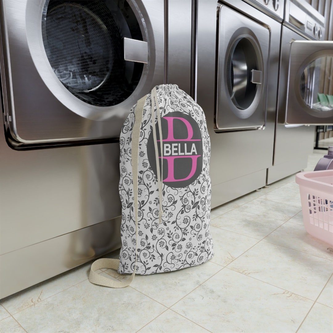 Personalized Laundry Bag, Custom Grey Pink Floral Print Monogrammed ...