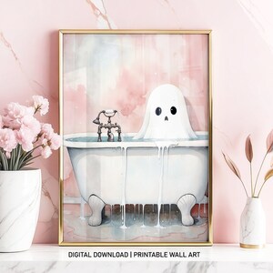 Cute Ghost Bathroom Print, Ghost in Bath, Pink Bathroom Print, Pink ...
