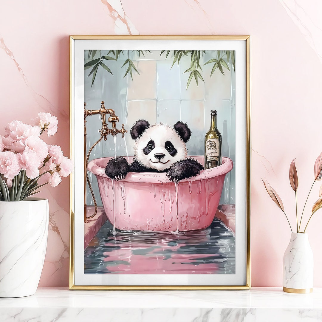 Panda Bathroom Wall Art, Panda in Bath Tub Print, Boho Wall Art, Funny ...
