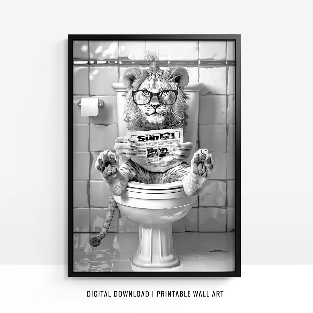Funny Lion on Toilet Print, Whimsical Bathroom Wall Art (digital ...