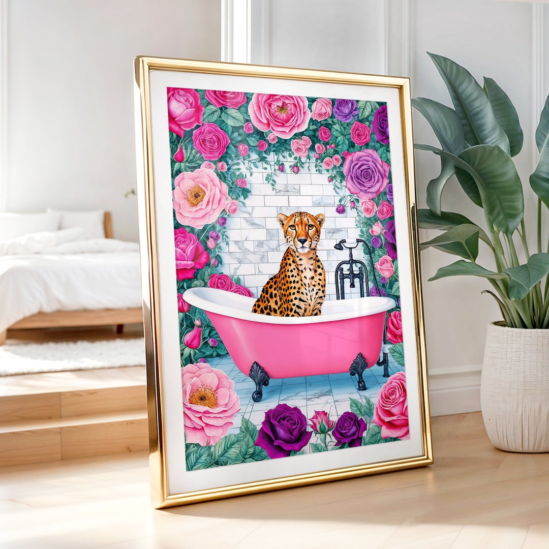 Cheetah Wall Art, Cheetah Boho Wall Art, Pink Bathroom Print, Cheetah ...