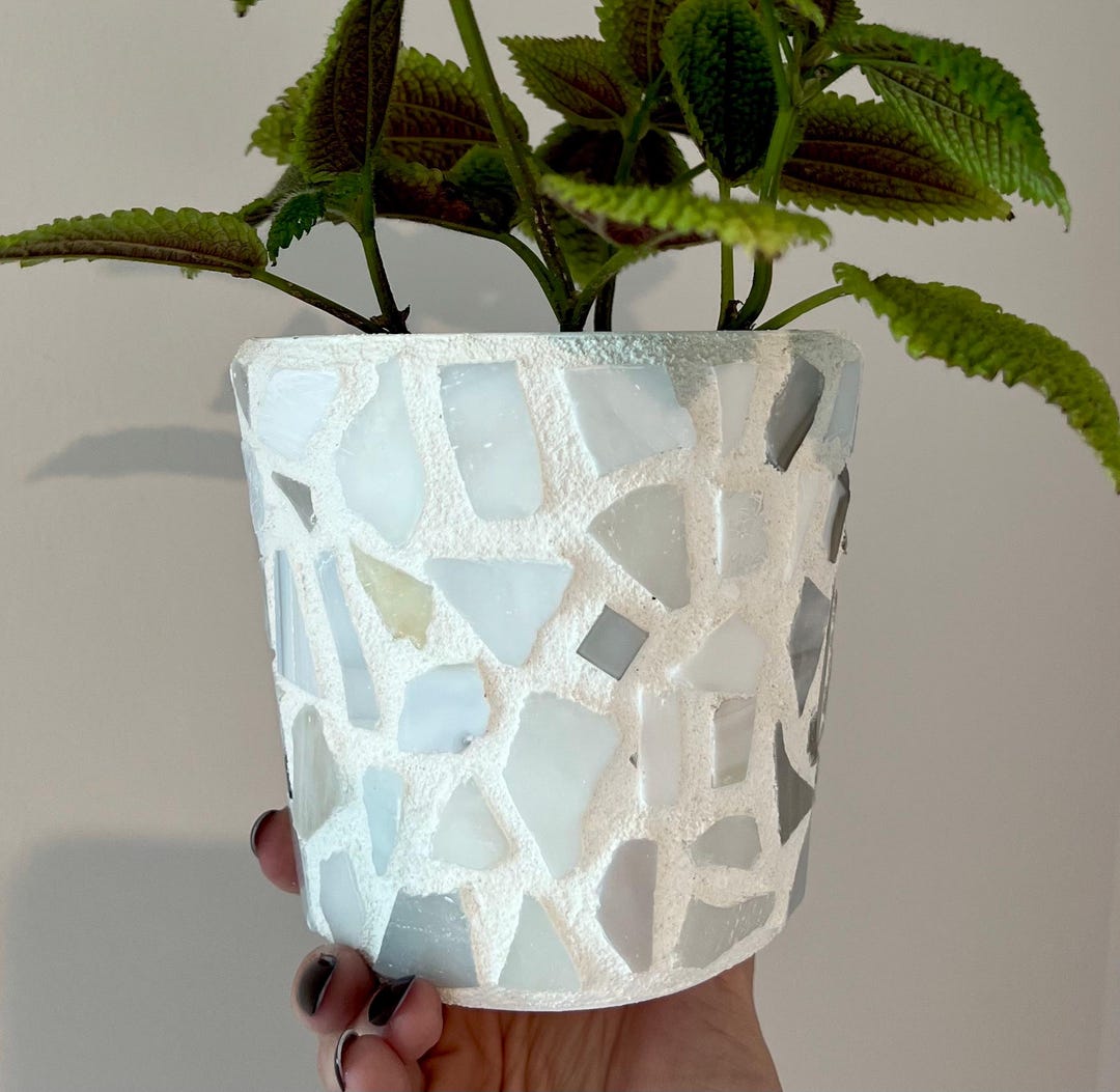 Stained Glass Mosaic Tile Flower Pot, Gray White Indoor Outdoor Plant ...