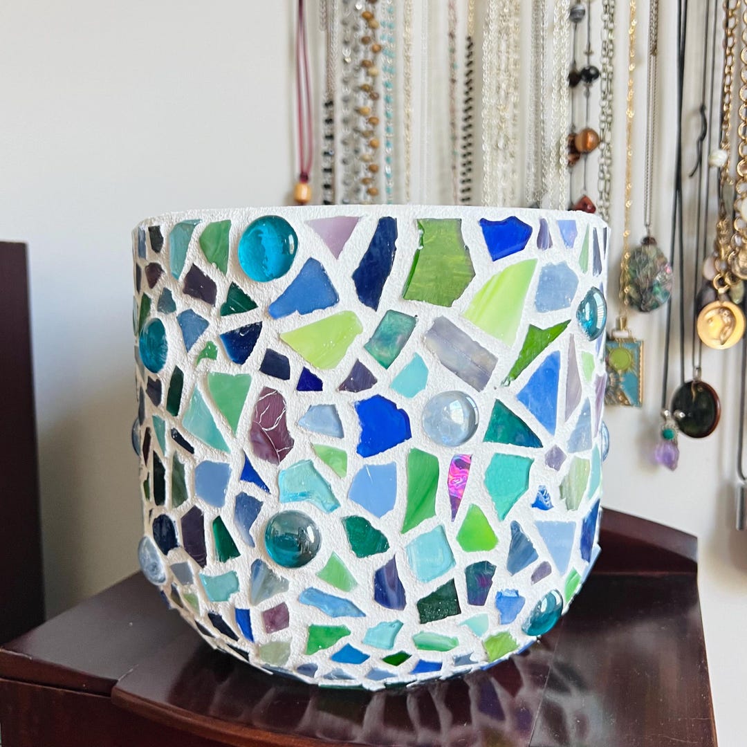 Whimsical Stained Glass Planter Pot, Iridescent Blue Green Purple Cache ...