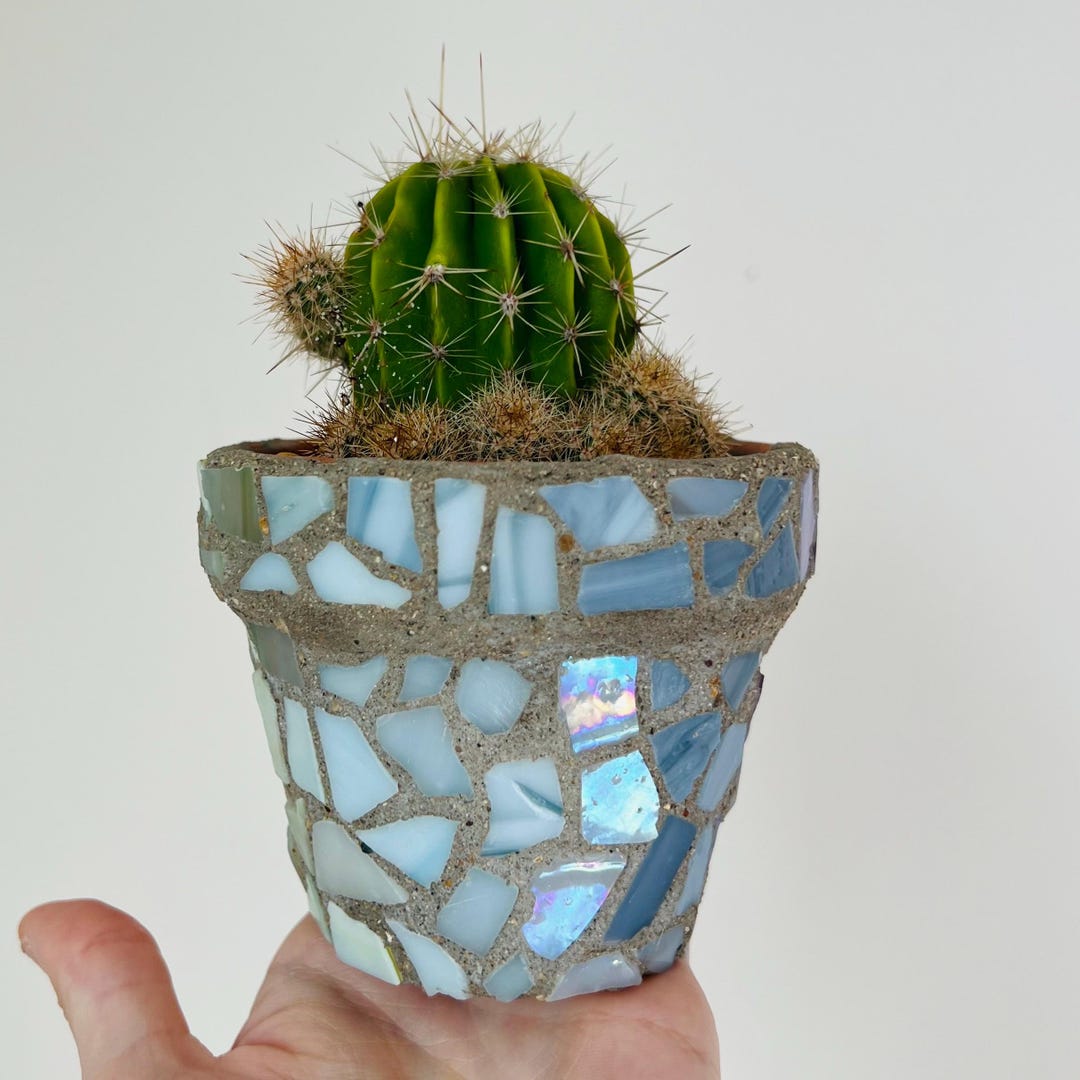 Eclectic & Whimsical Stained Glass Planter Pot, Iridescent Rainbow Plant Pot Funky Mosaic Tile ...