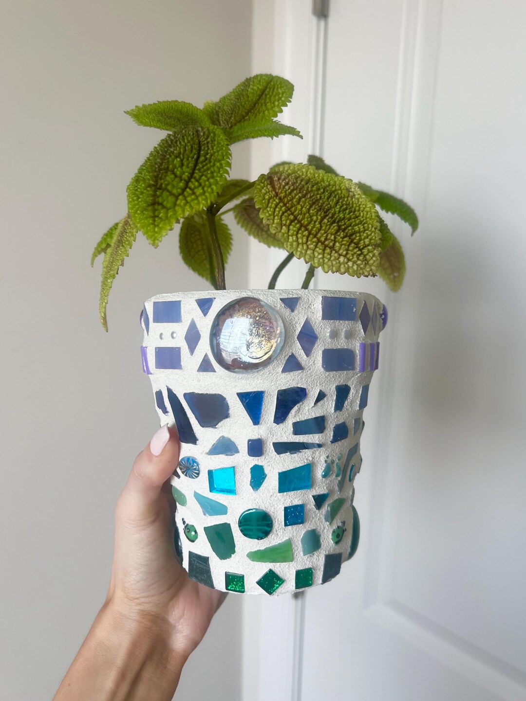 Whimsical Stained Glass Planter Pot, Iridescent Blue Green Purple Plant ...