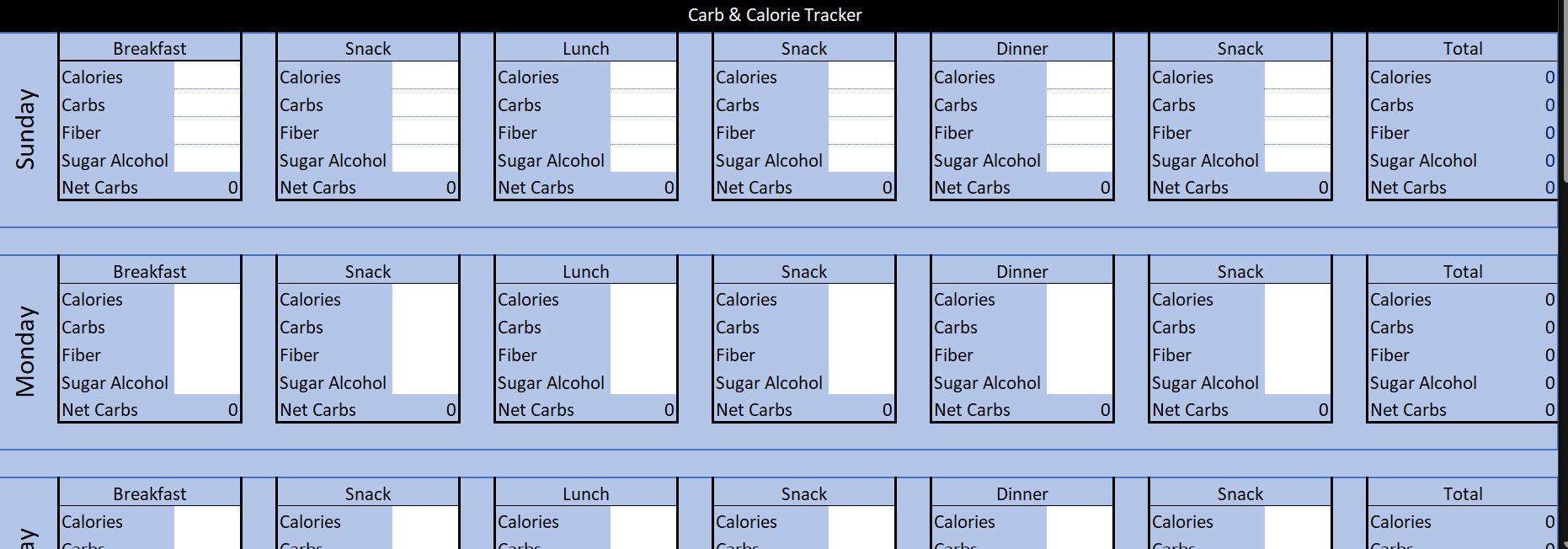 Carb and Calorie Counter Excel Spreadsheet - Etsy
