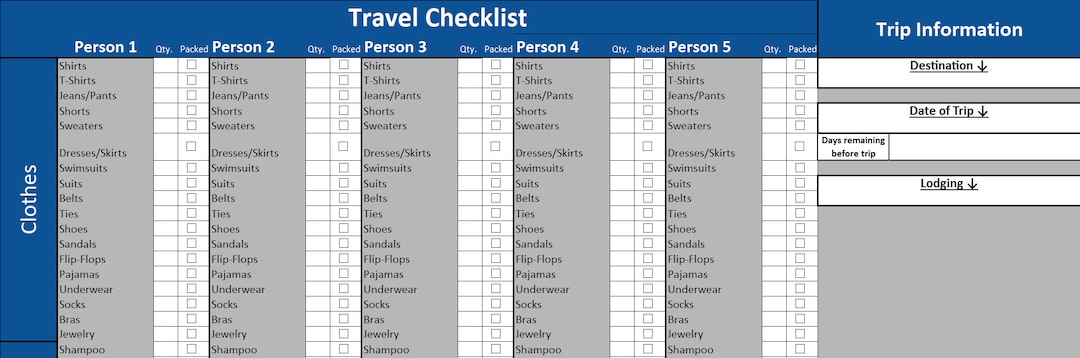 Travel Checklist Spreadsheett - Etsy